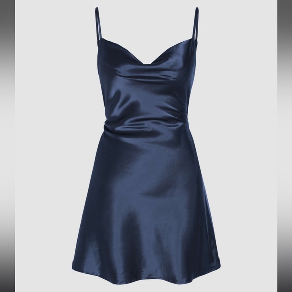 Dresses | Cider Solid Satin Cowl Neck Cami Mini Dress Navy Blue | Poshmark